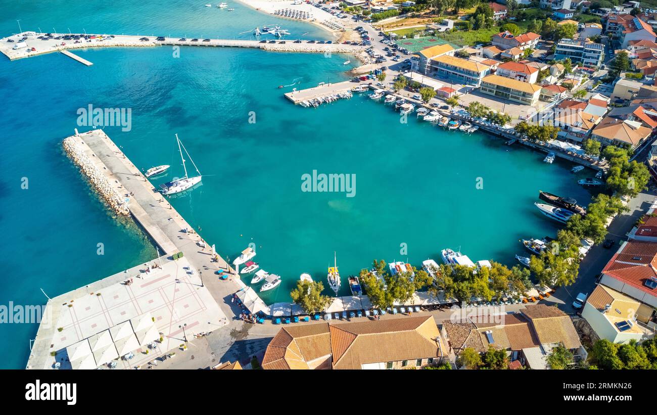 Aerial view of the port of the coastal town of Vasiliki in the south of ...