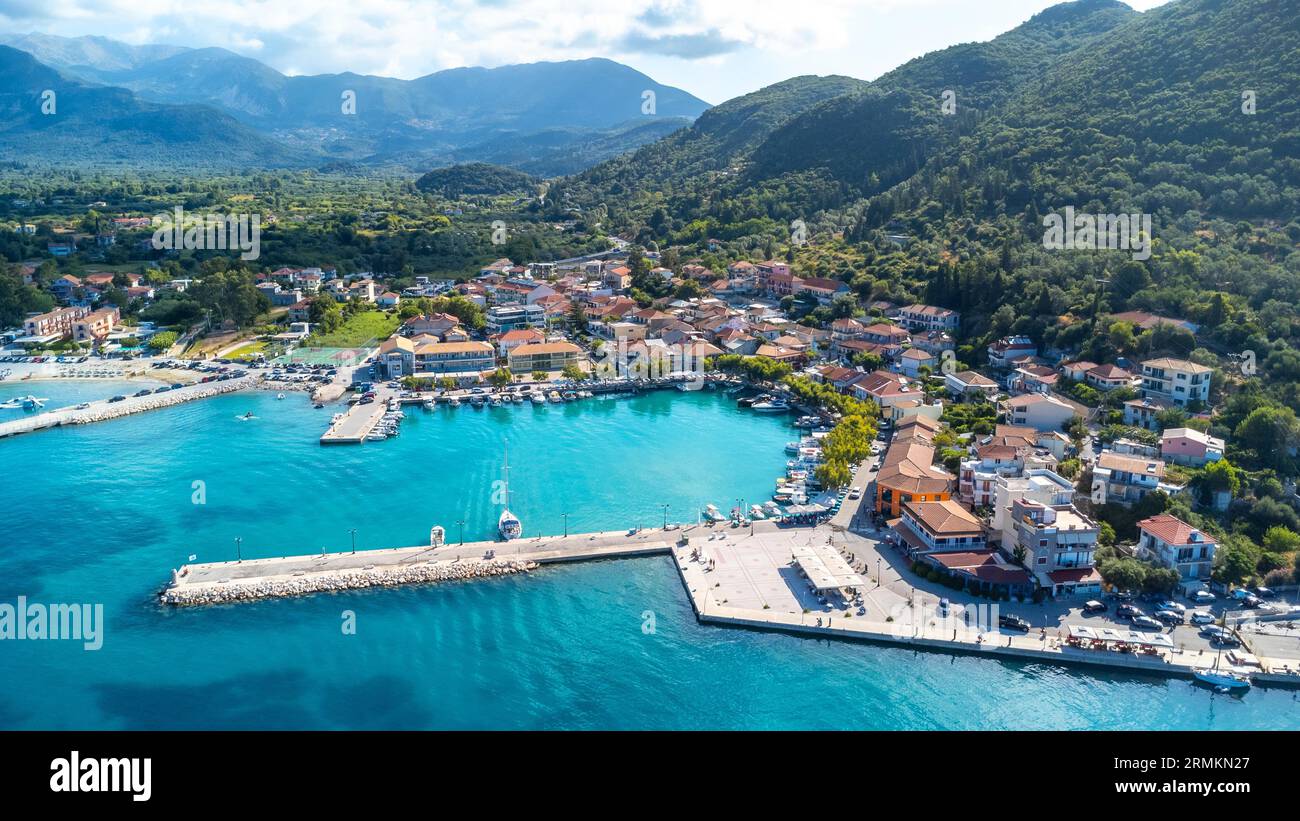 Aerial view of the port of the coastal village of Vasiliki in the south ...