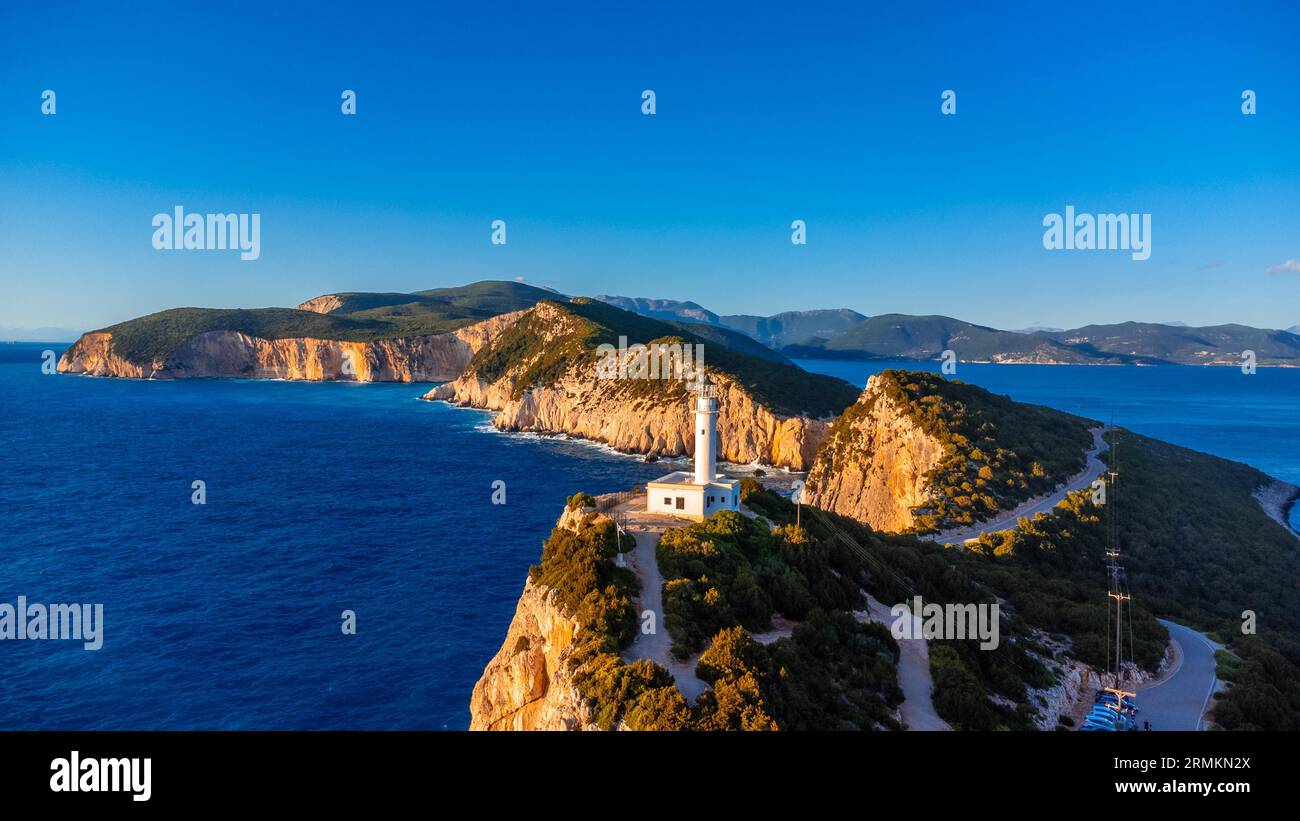 Aerial view of the Lighthouse or Cabo Ducato Lefkas in the southern ...