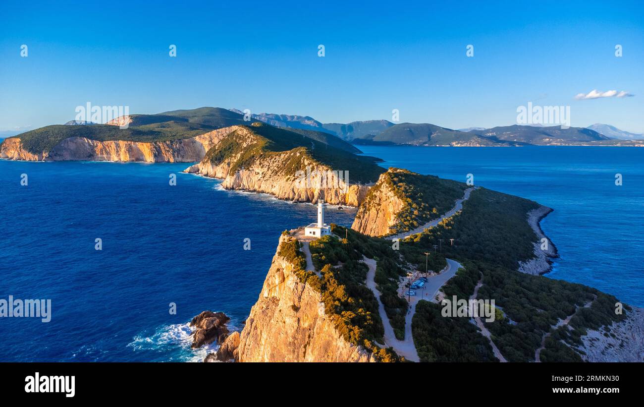 Aerial view of the Lighthouse or Cabo Ducato Lefkas in the southern ...