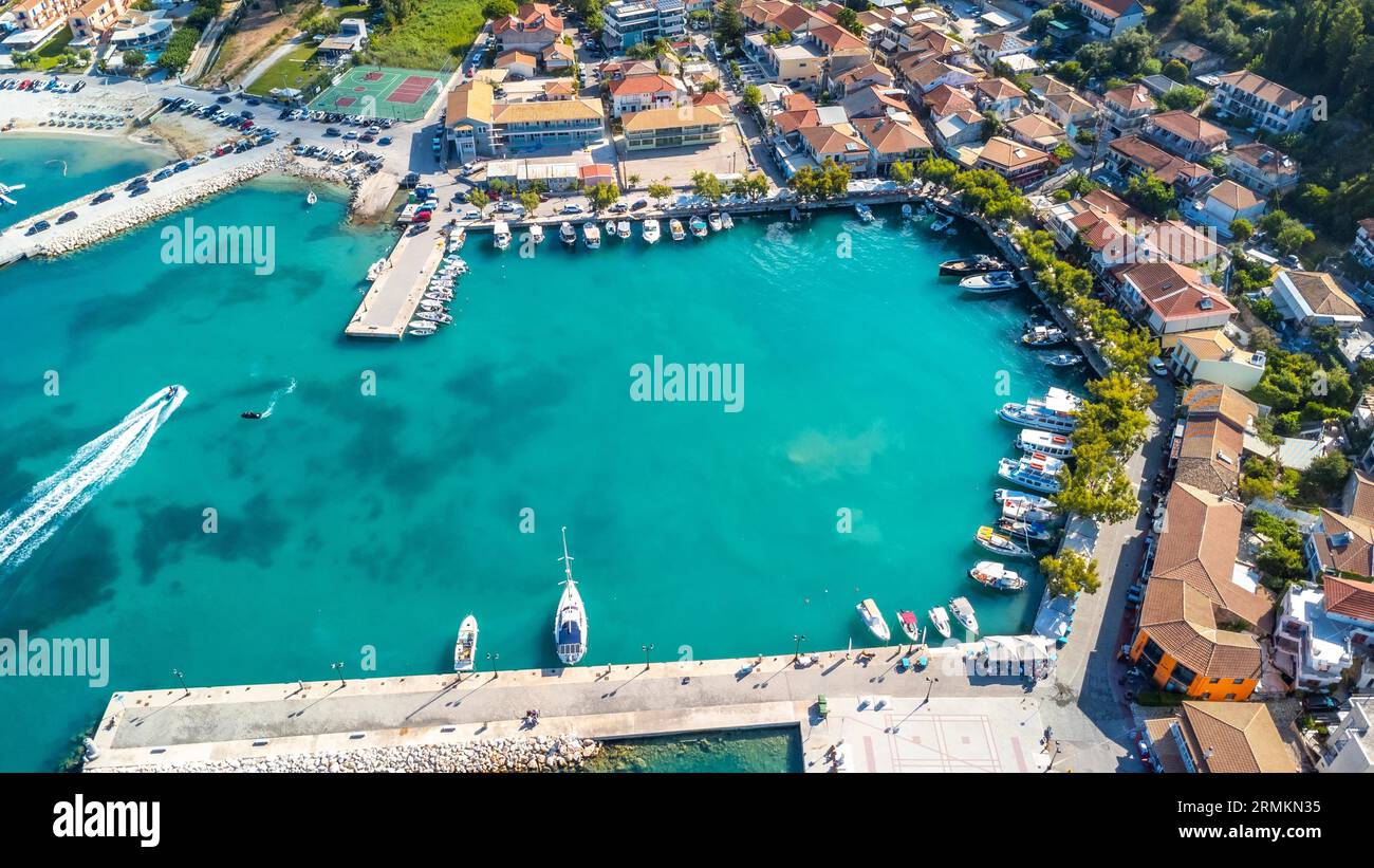 Aerial view of the port of the coastal village of Vasiliki in the south ...