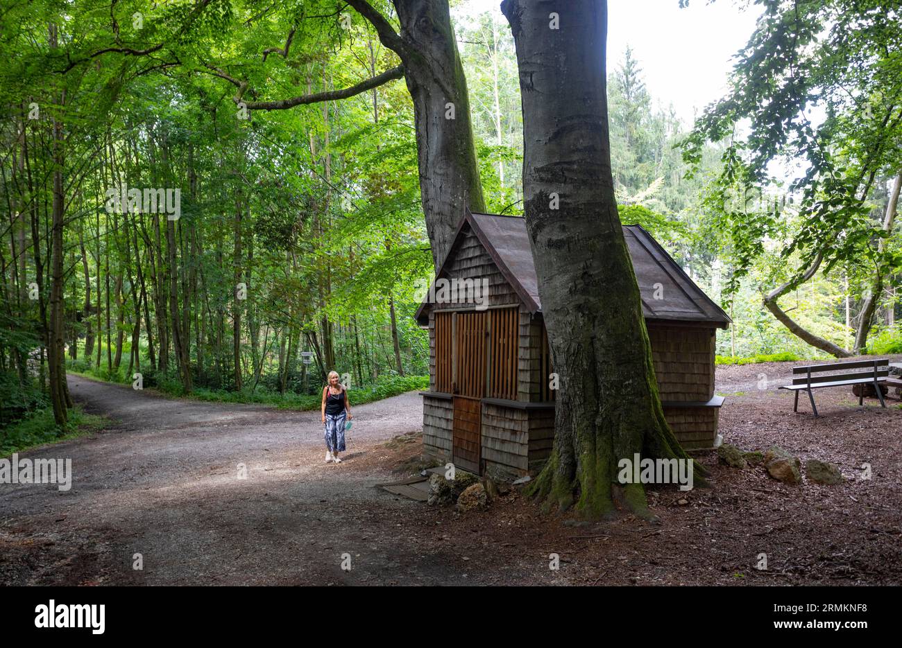 Hiker at the Way of the Cross to the Lugenz Wooden Chapel, Bad Birnbach ...