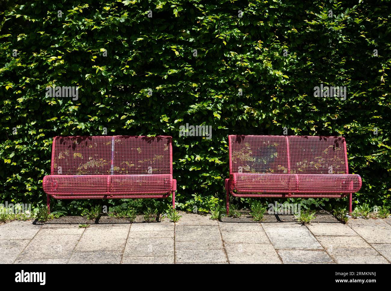Red benches in the spa gardens, Bad Fuessing, Lower Bavaria, Bavaria ...