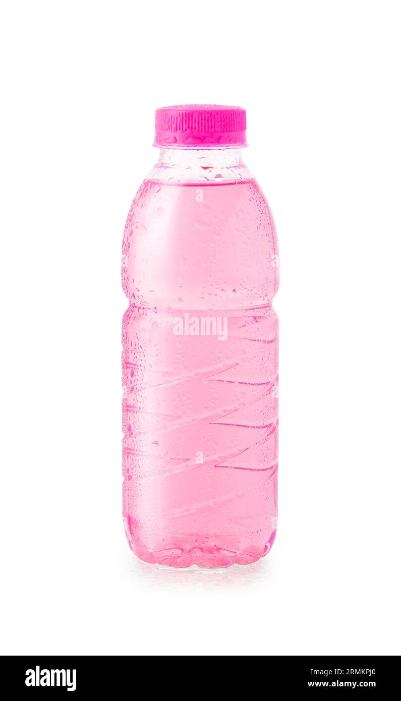 Juice in a plastic bottle with water drops Isolated on white background ...