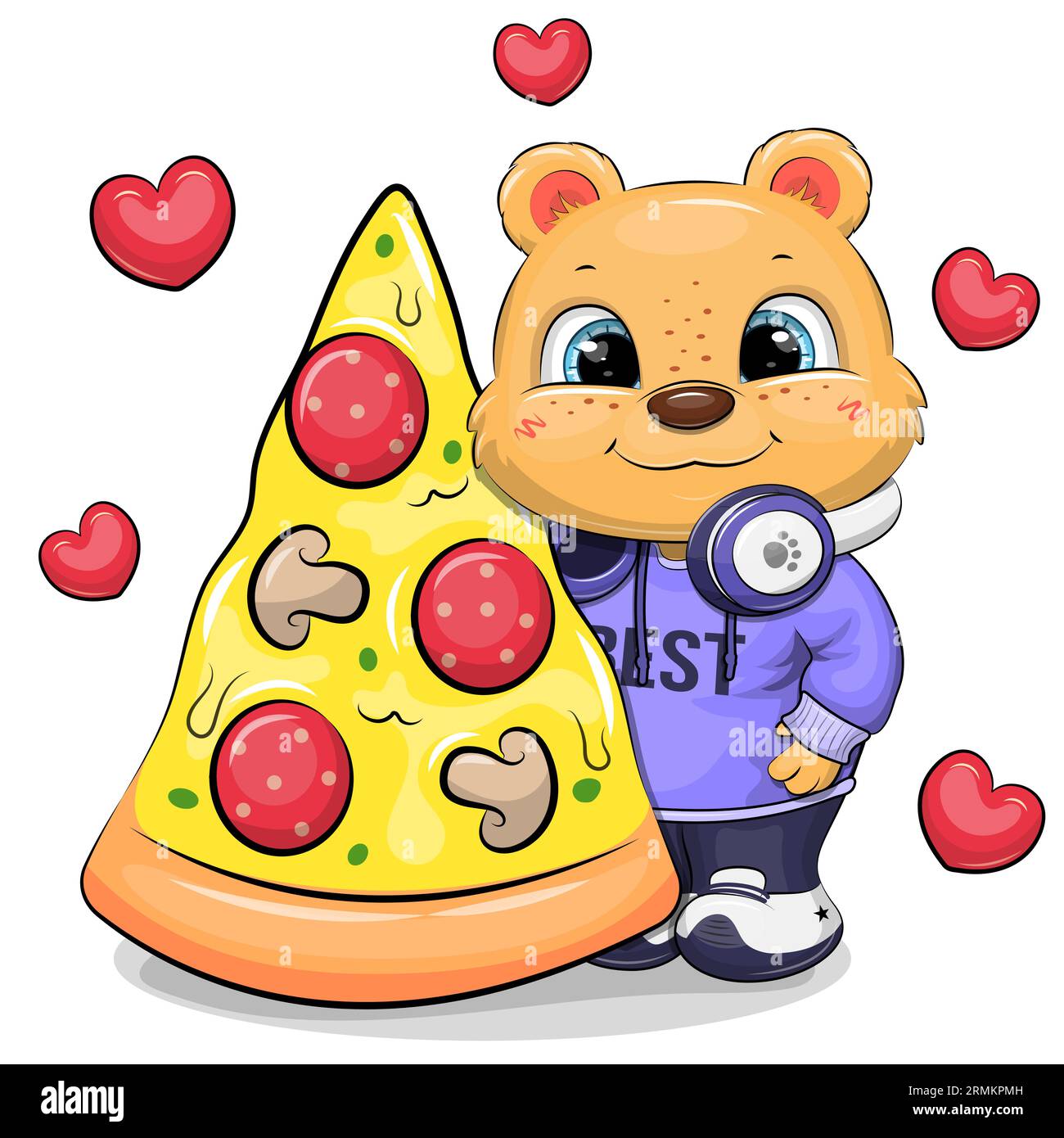 Cute cartoon bear boy with a big piece of pizza. Vector illustration of ...