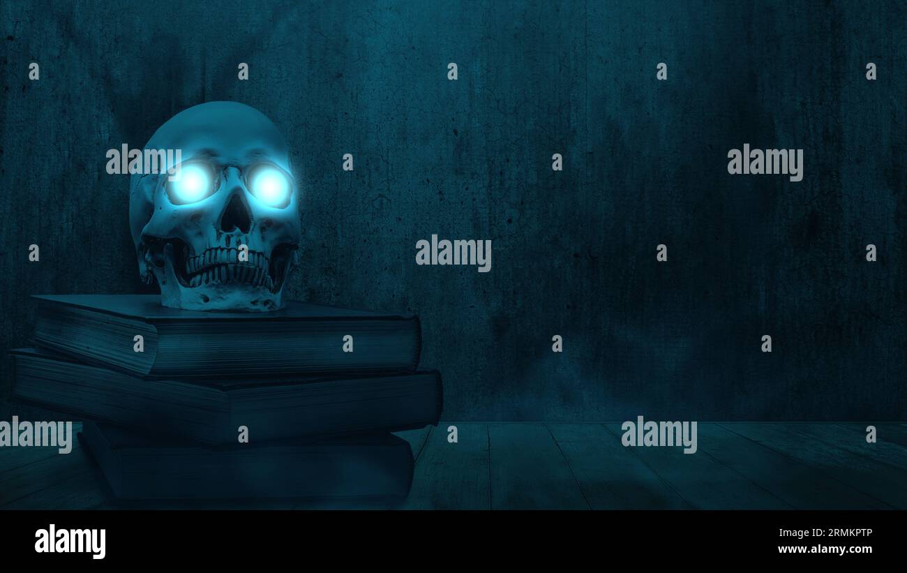 Stack of spell books with a human skull head in a dark background ...