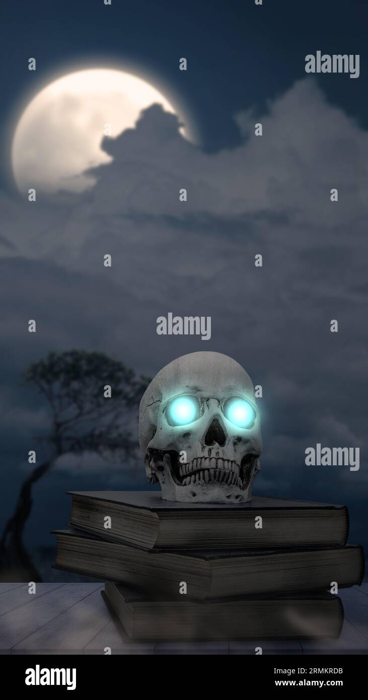 Stack of spell books with a human skull head with night scene ...