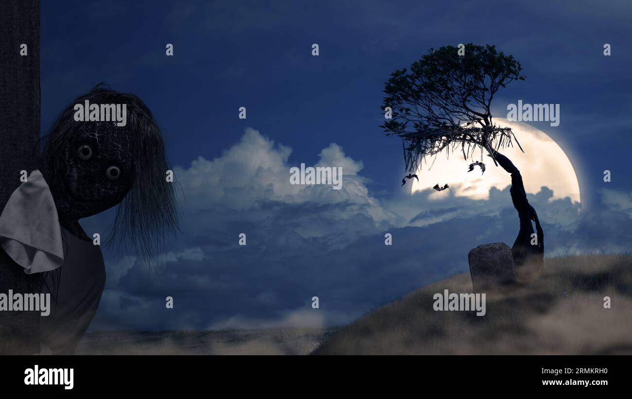 Scary Momo standing behind the wall with a night scene background ...