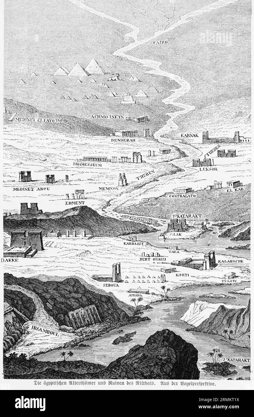 Egyptian antiquities and ruins of the Nile Valley, historical map, bird ...