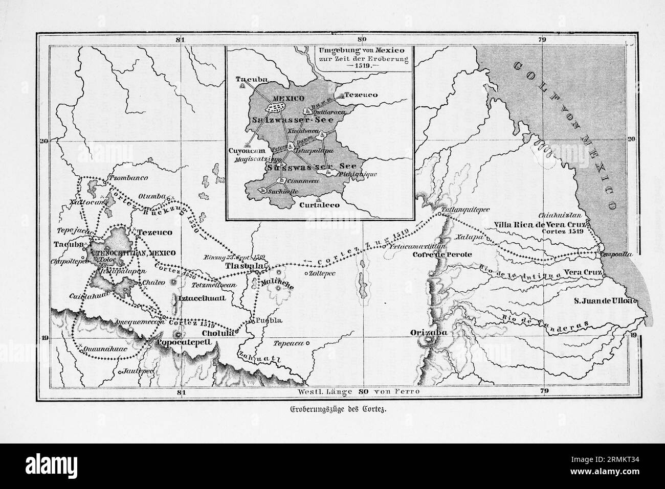 Conquest of Hernando or Fernando Cortez, historical map of Mexico in ...