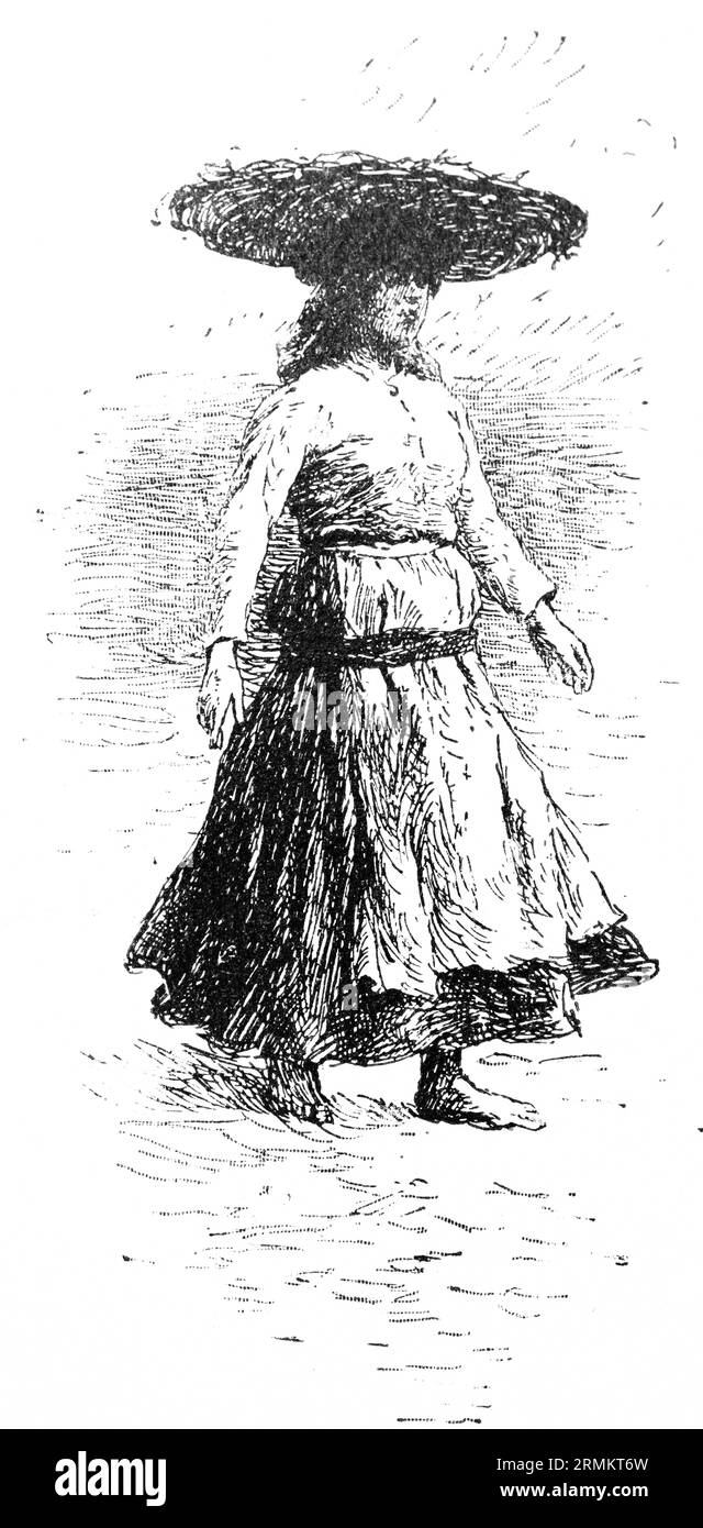 A Varina, fish seller in typical traditional costume, wearing wide hat ...