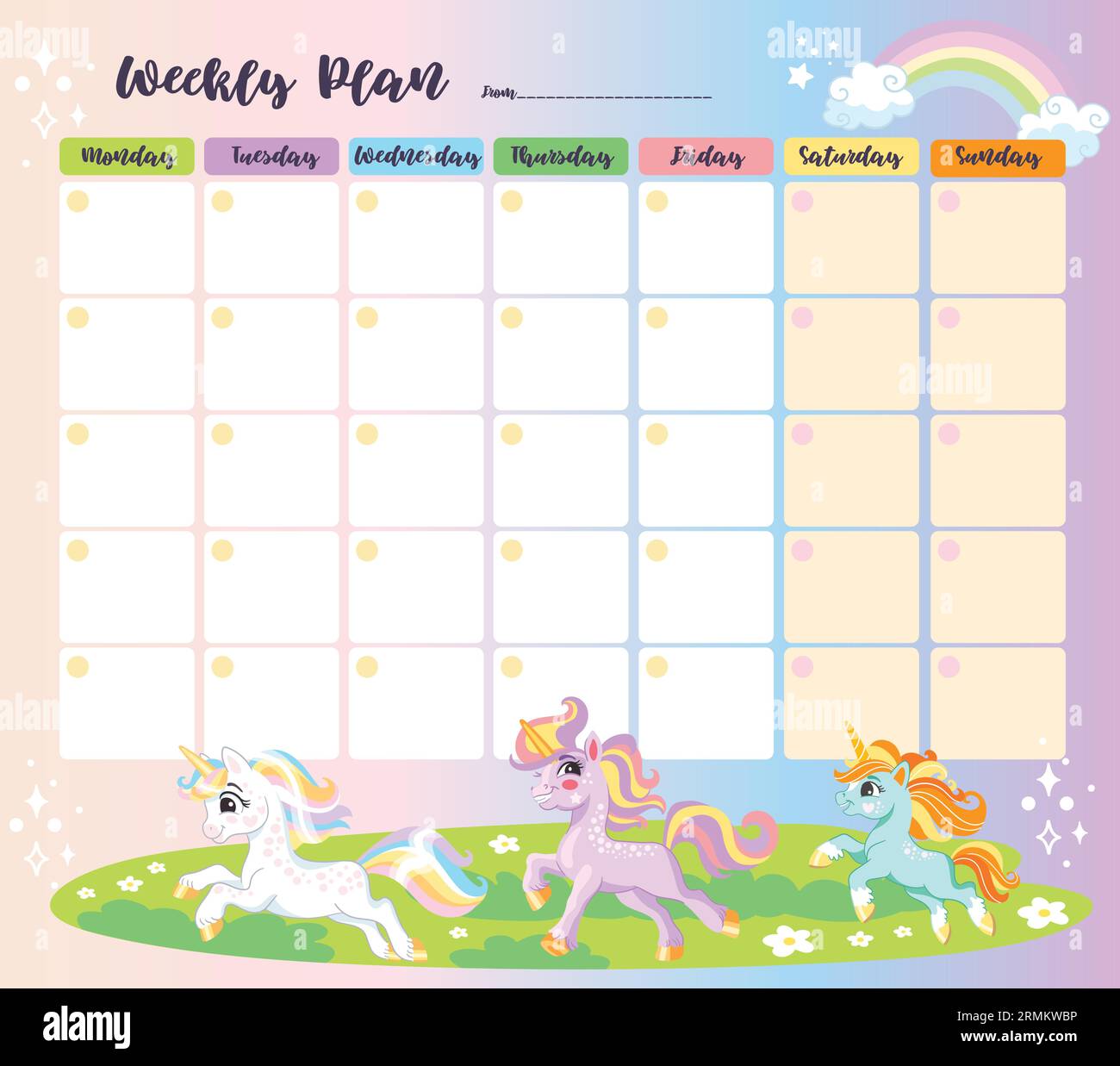 Timetable with cute cartoon unicorns. Rainbow girly weekly planner ...
