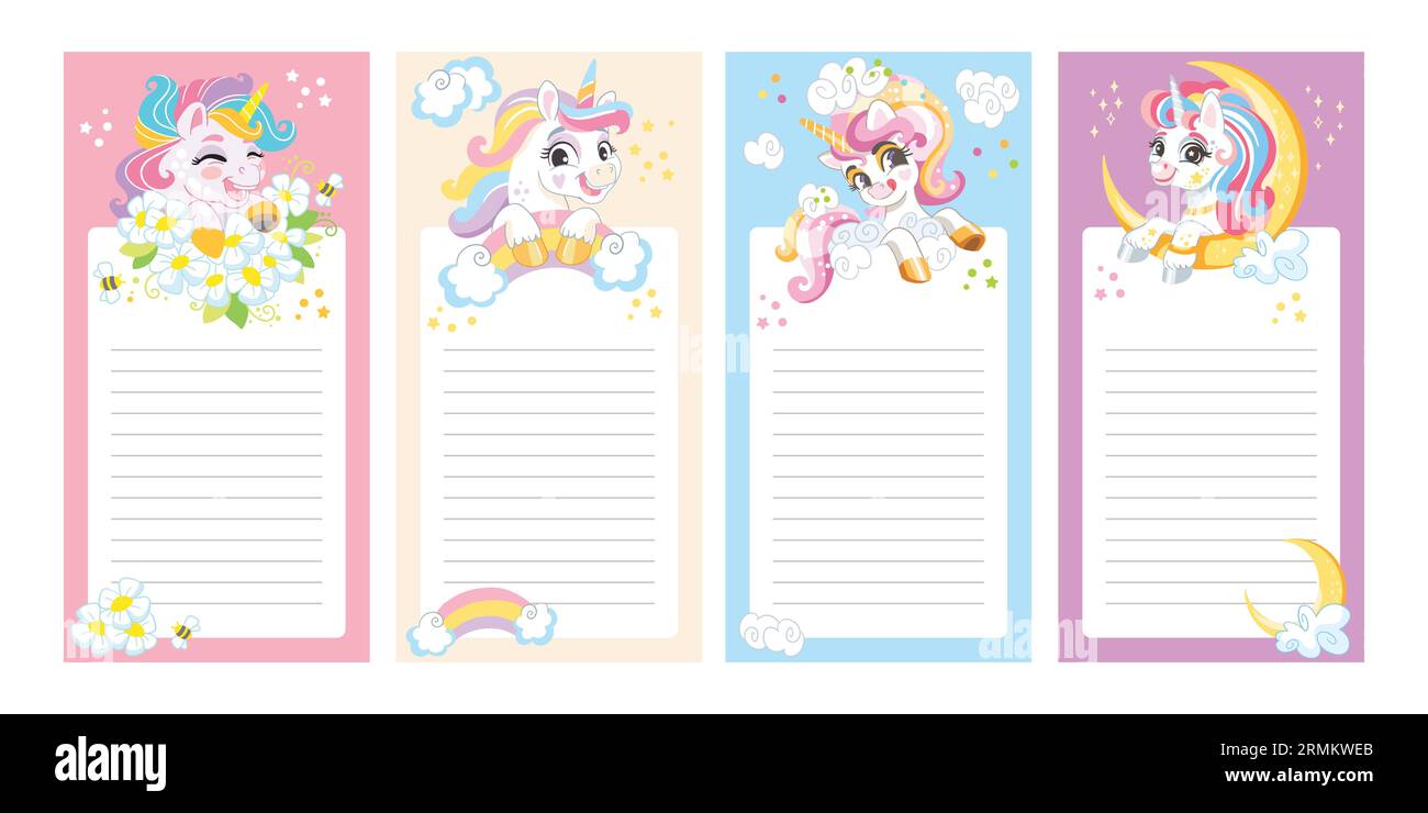 Set of notes and to do list with cute four happy unicorns. Memo pages ...