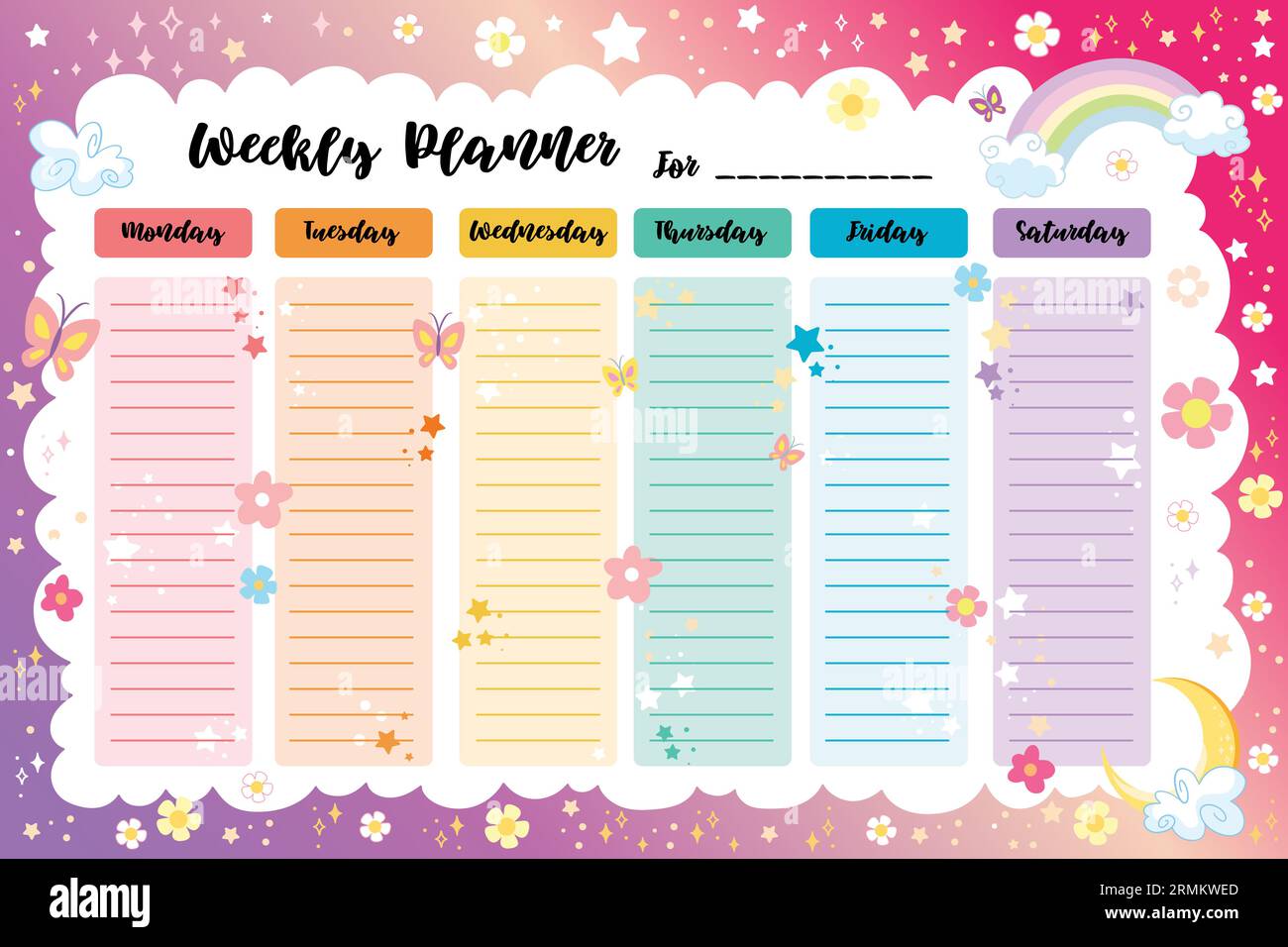 Rainbow girly weekly planner with flowers. Ready to print vector design ...
