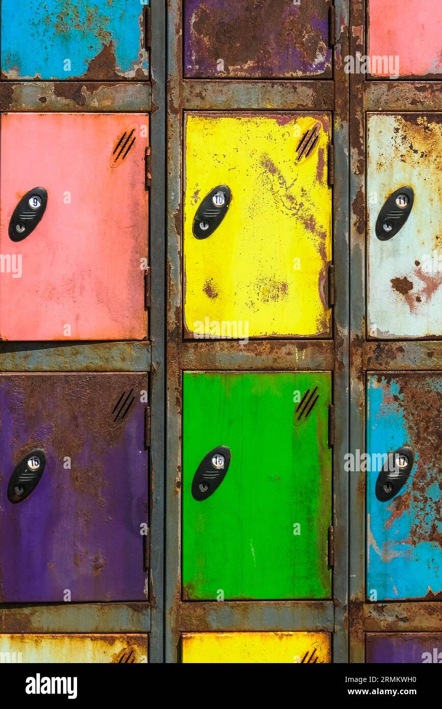 Colourful rusty locker doors at Towan Beach in Newquay in Cornwall in ...