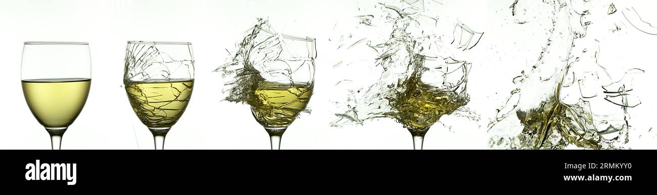 Glass of White Wine Breaking and Splashing against White Background ...