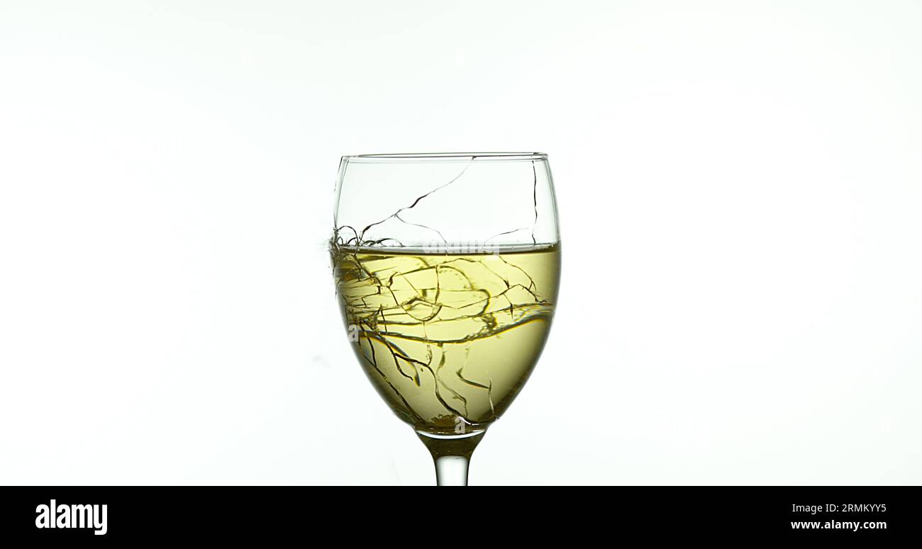 Glass of White Wine Breaking and Splashing against White Background ...