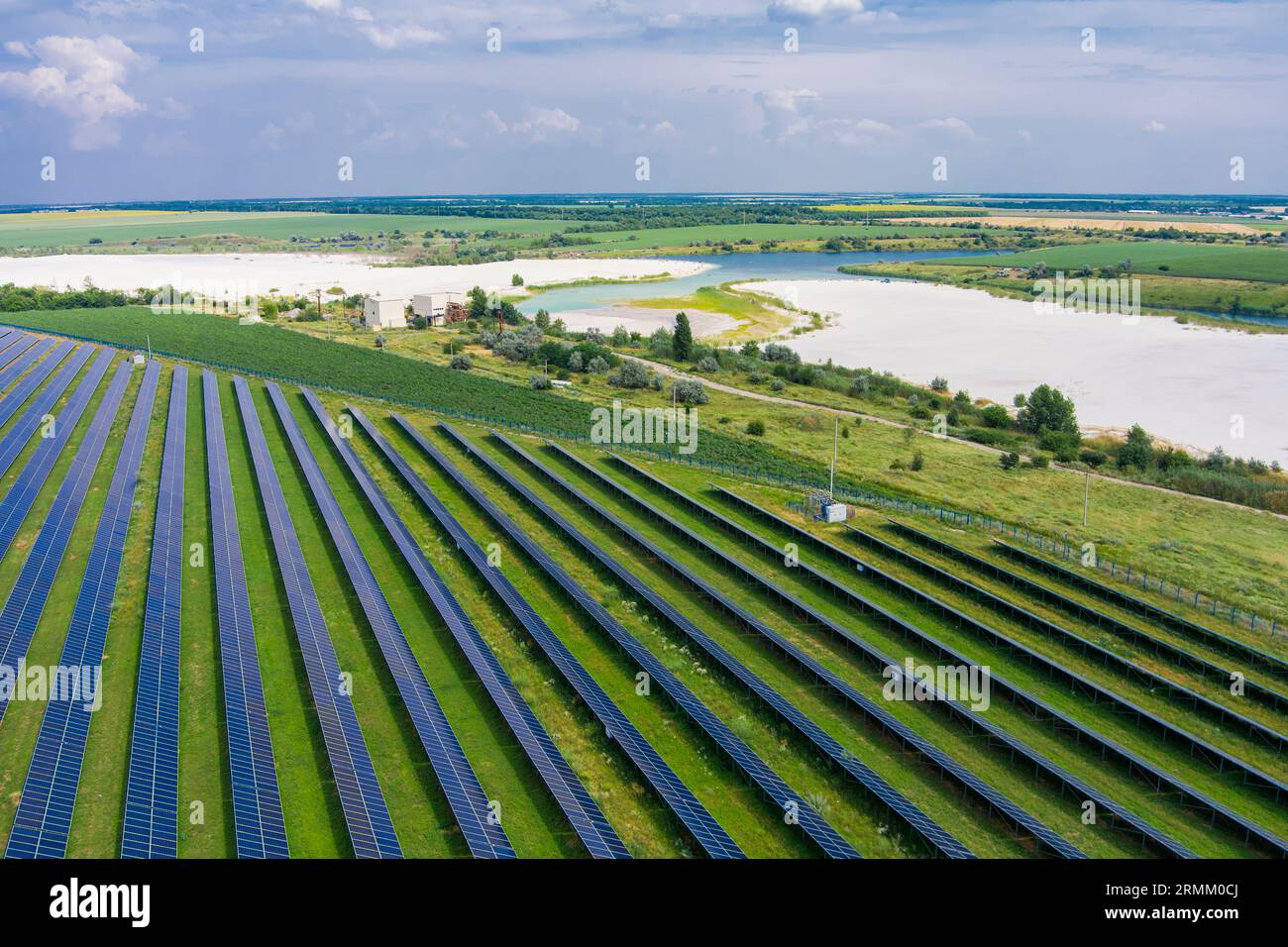 Top view of a solar power plant in the countryside. Ecology ...