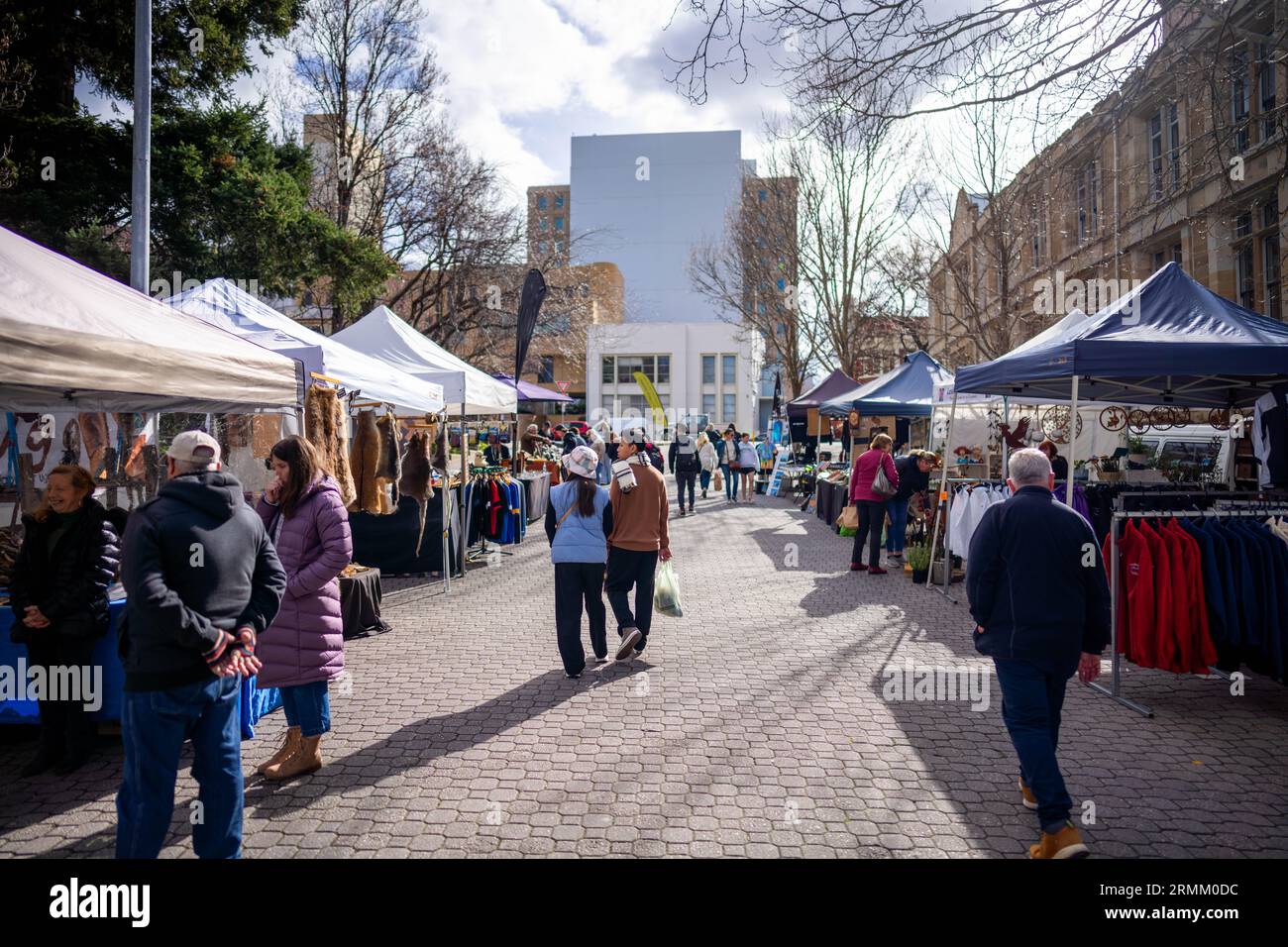 Weekend country market in a park in Australia. Family’s and people at a ...