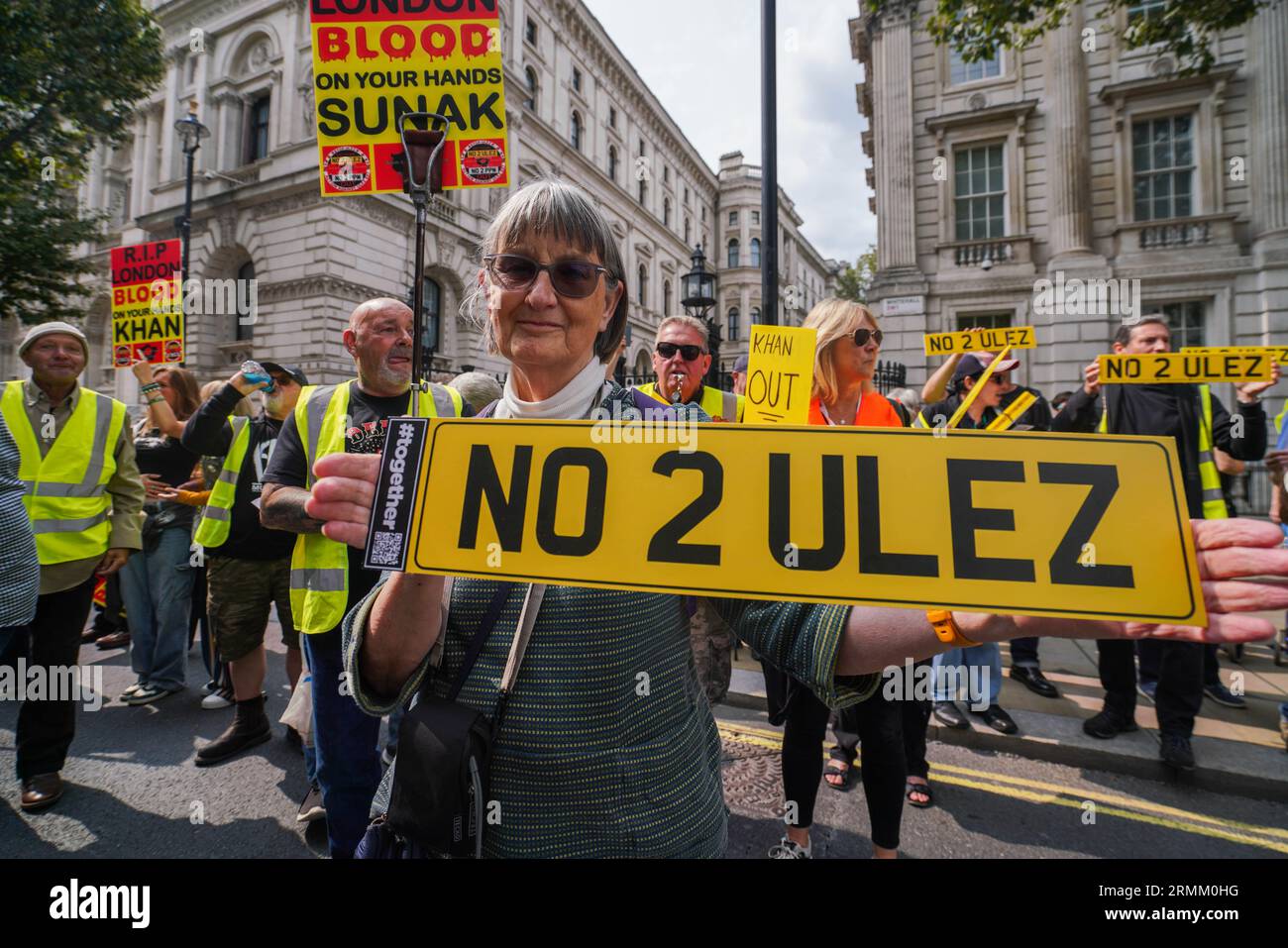 Westminster London UK. 29 August 2023 .Protesters with signs "No to ...