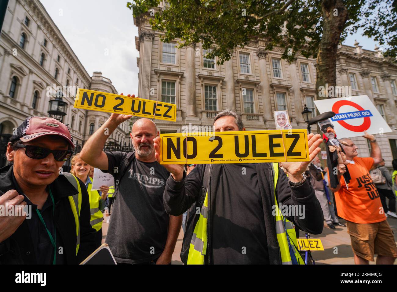 Westminster London UK. 29 August 2023 .Protesters with signs "No to ...
