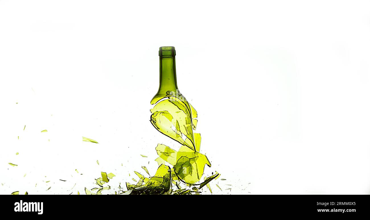 Bottle of White Wine Breaking and Splashing against White Background ...