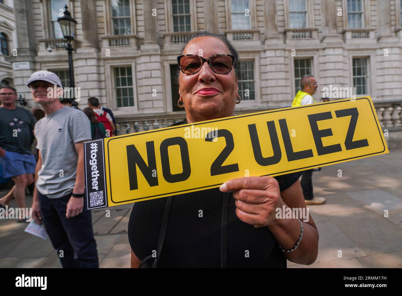Westminster London UK. 29 August 2023 .Protesters with signs "No to ...