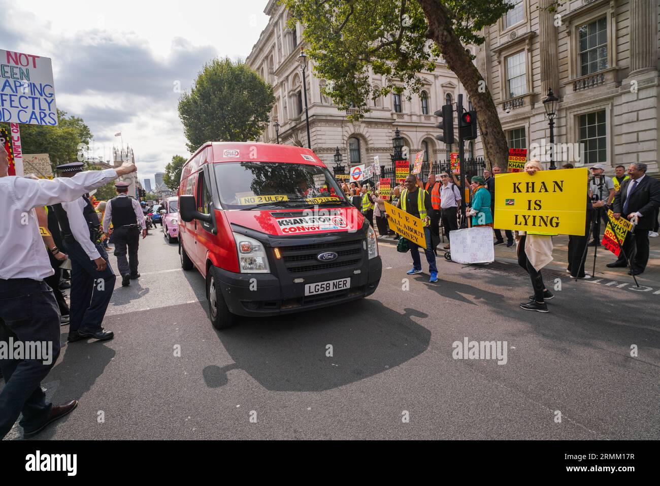 Westminster London UK. 29 August 2023 .Protesters with signs "No to ...