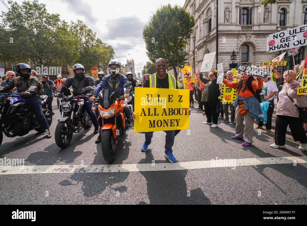 Westminster London UK. 29 August 2023 .Protesters with signs "No to ...
