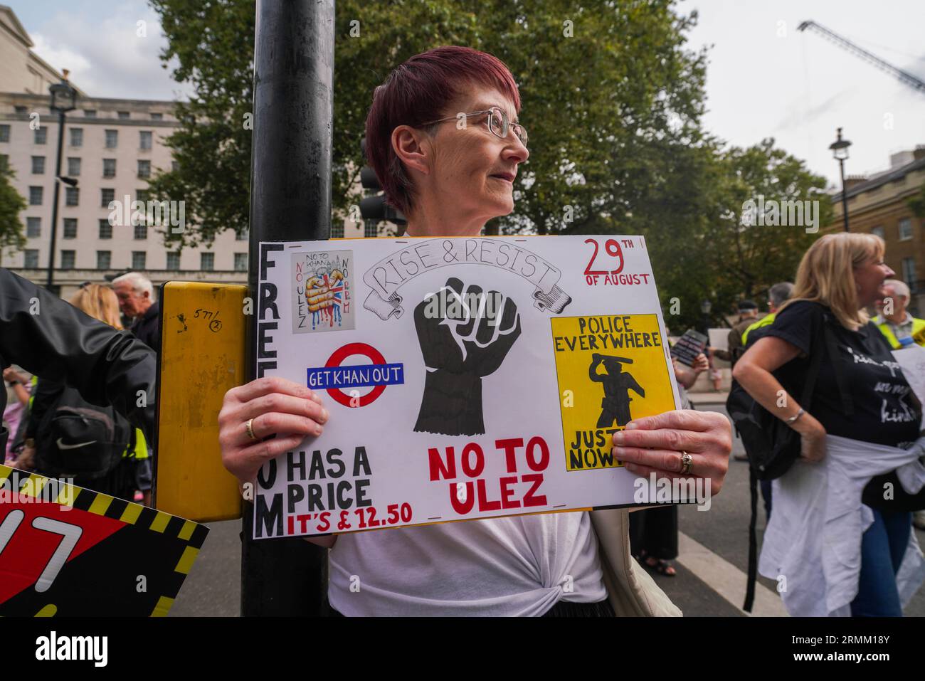Westminster London UK. 29 August 2023 .Protesters with signs "No to ...