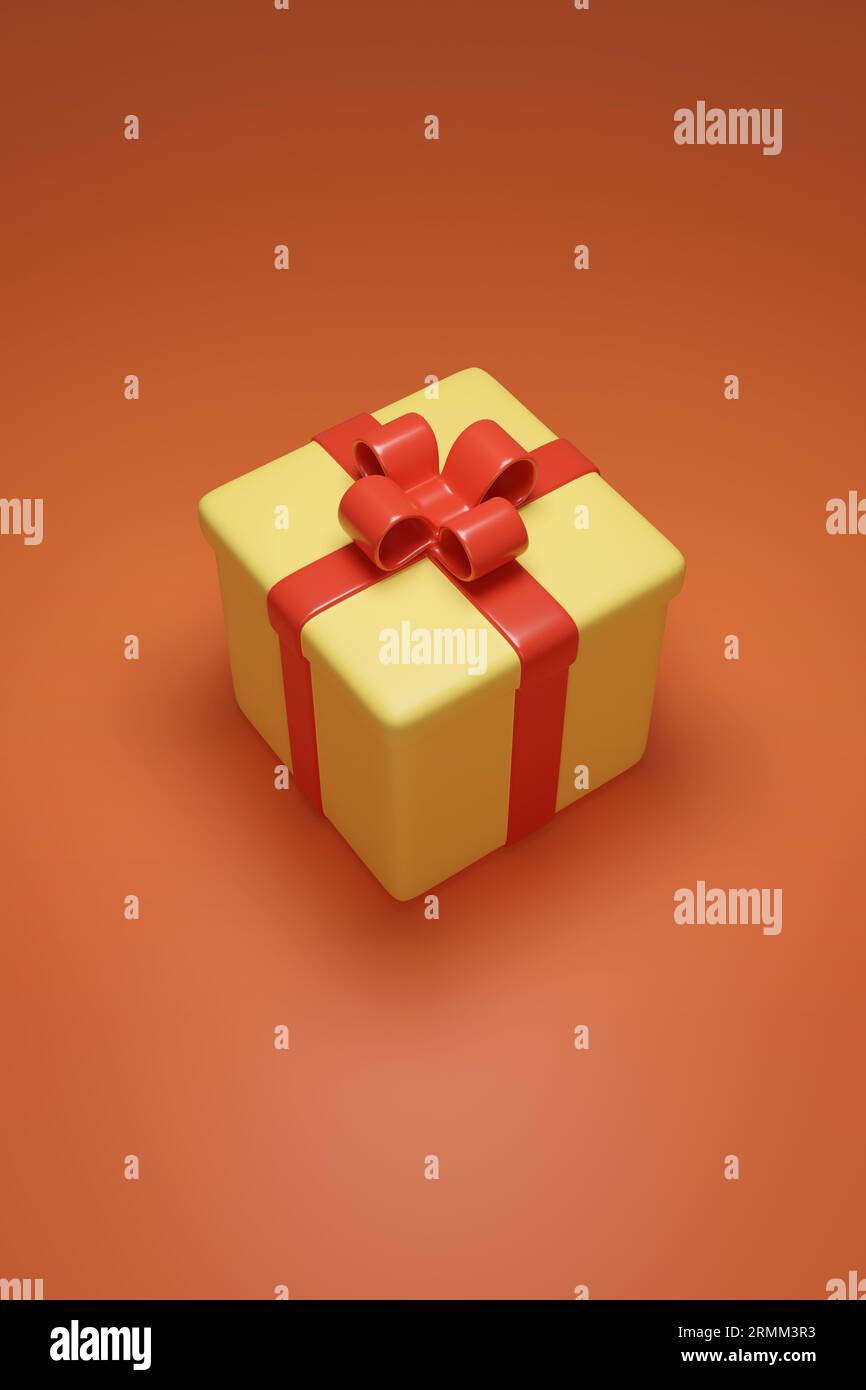 Gift box with cartoon style bow isolated on orange background. 3d ...
