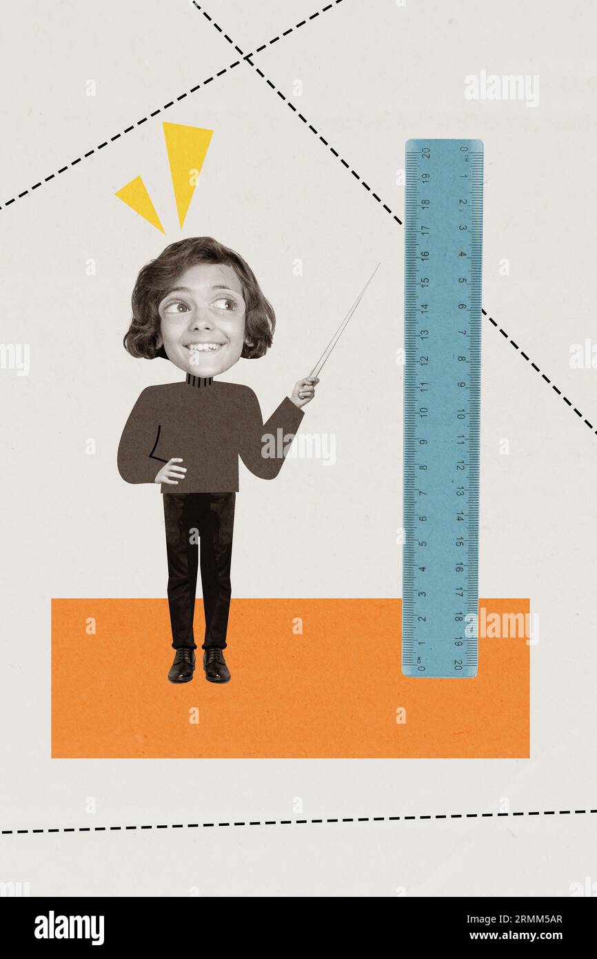Vertical artwork collage of diligent pupil boy A student hold pointer ...