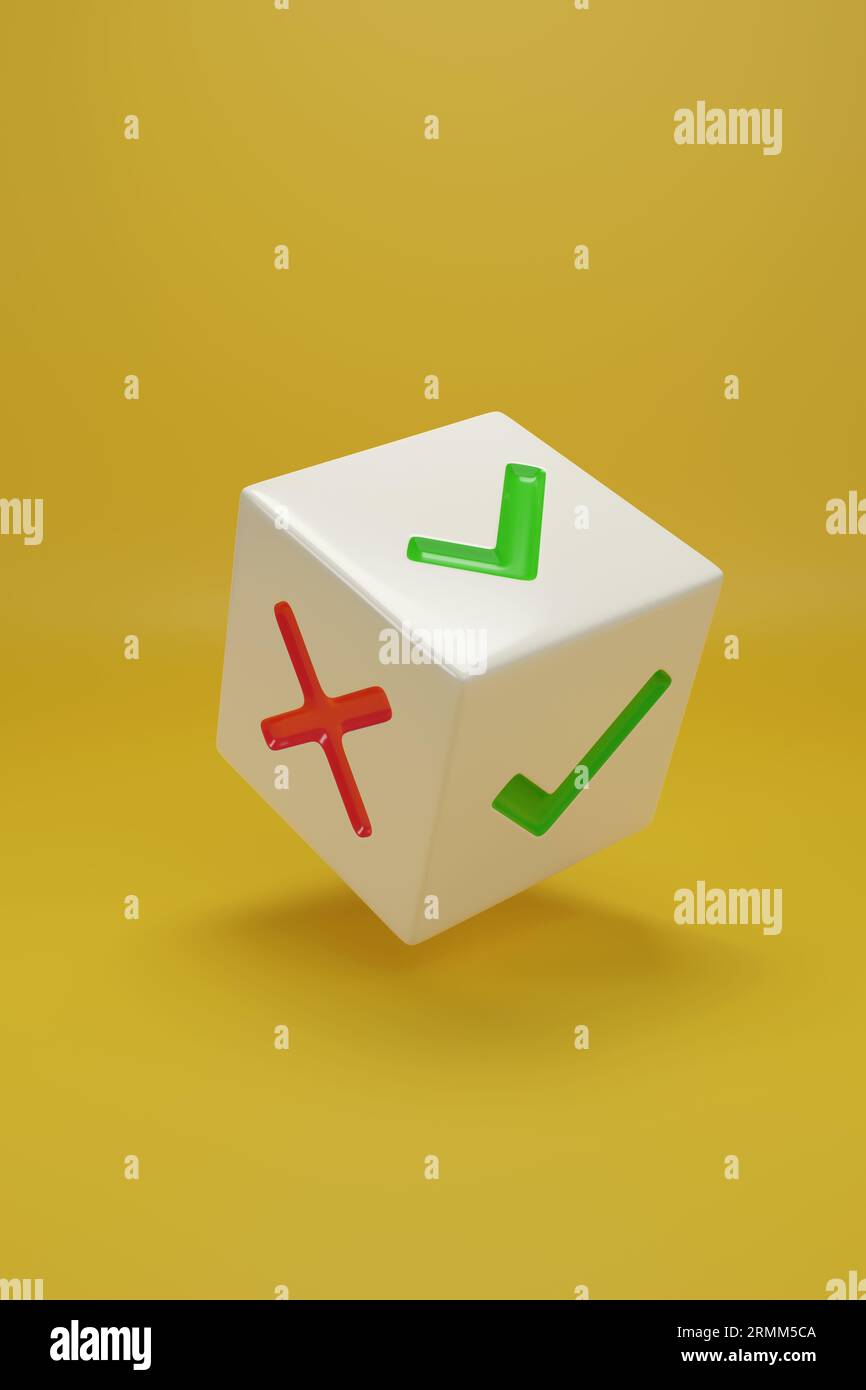 Dice with check mark and cross isolated on yellow background. 3d ...