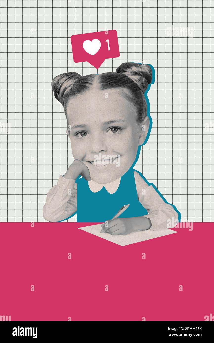 Vertical photo collage of cute small schoolkid girl writing school homework essay like to study ...