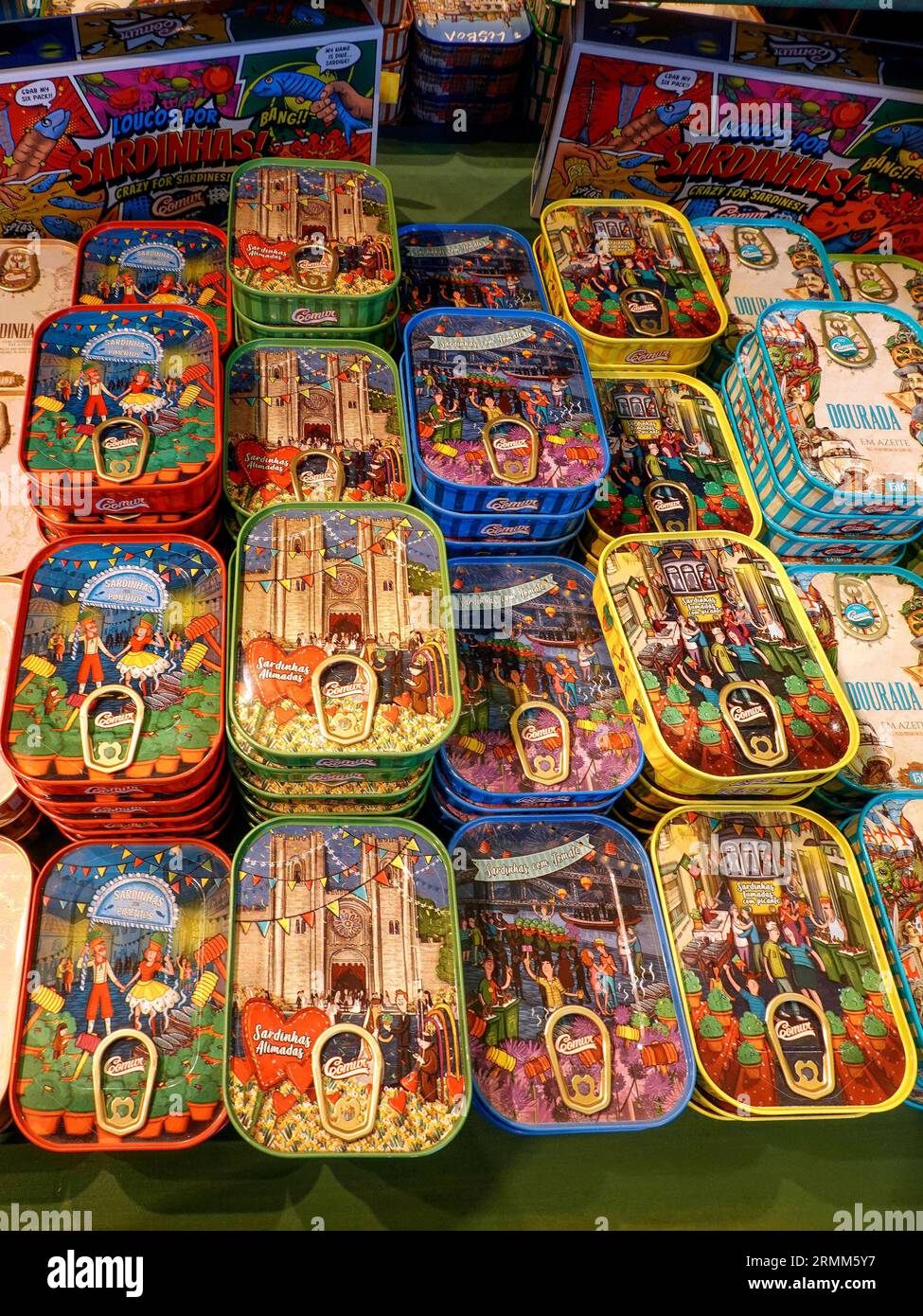 Portugal, Lisbon, Colorful sardines cans displayed in a store inside ...