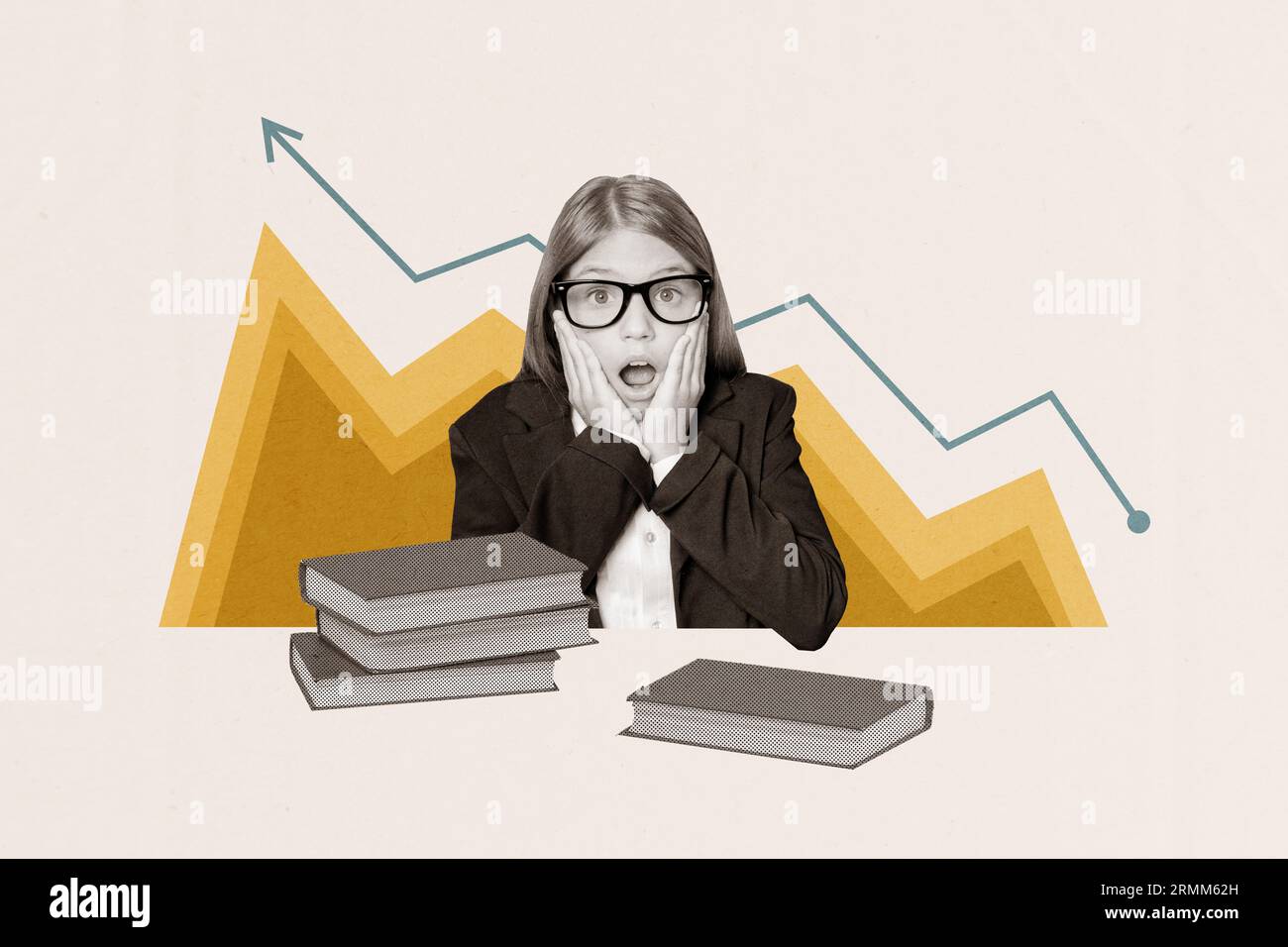 Photo collage desperate school girl pupil hard homework task many books ...