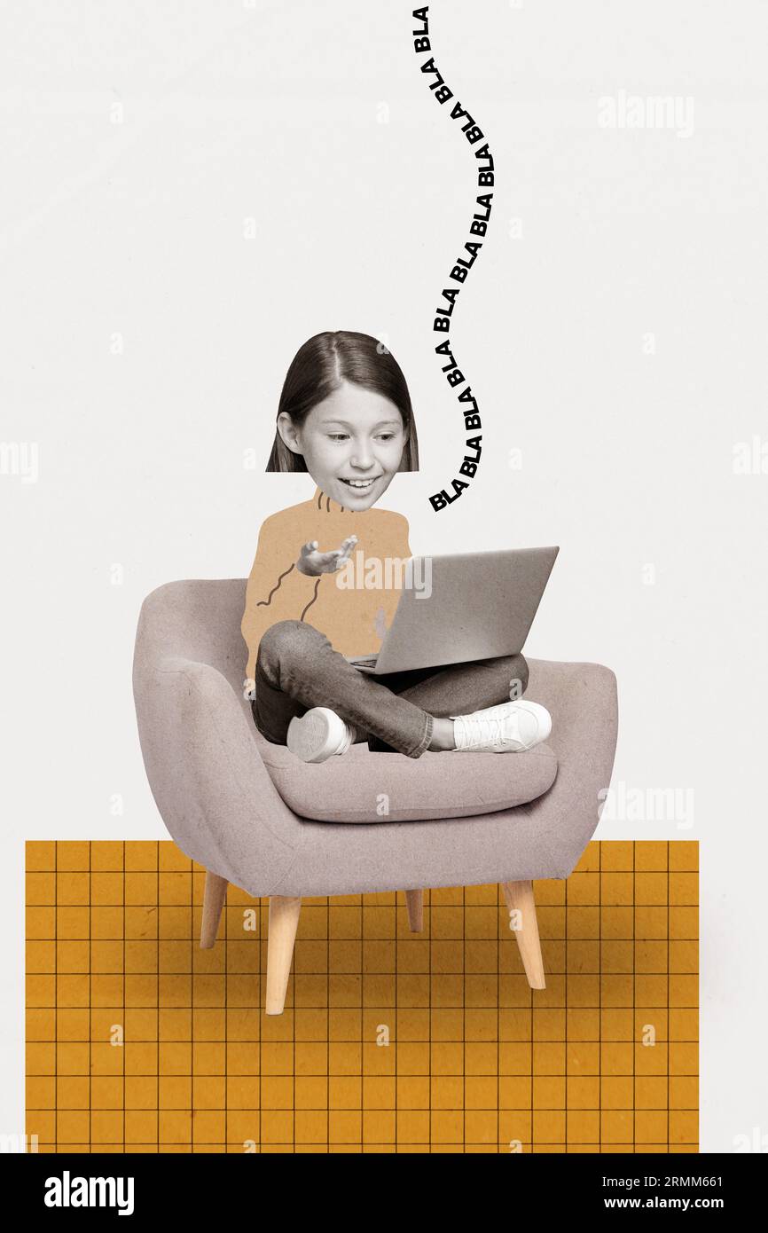 Photo of little cute schoolgirl distance laptop conference lecture ...