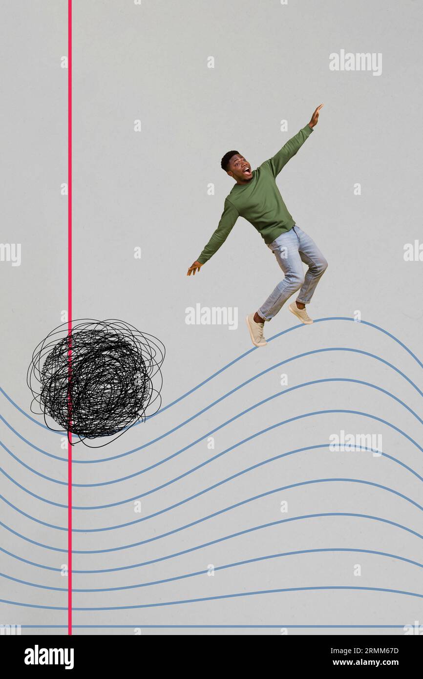 Collage photo of crazy young man scared falling down scribble round ...