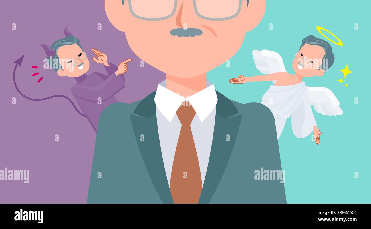 A set of business president man struggling between an angel and a devil ...