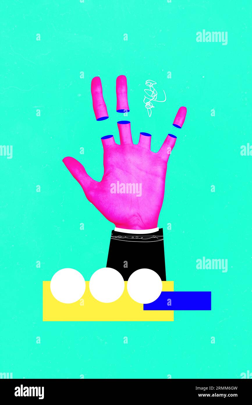 Creative absurd surreal collage illustration pink bright palm waving ...