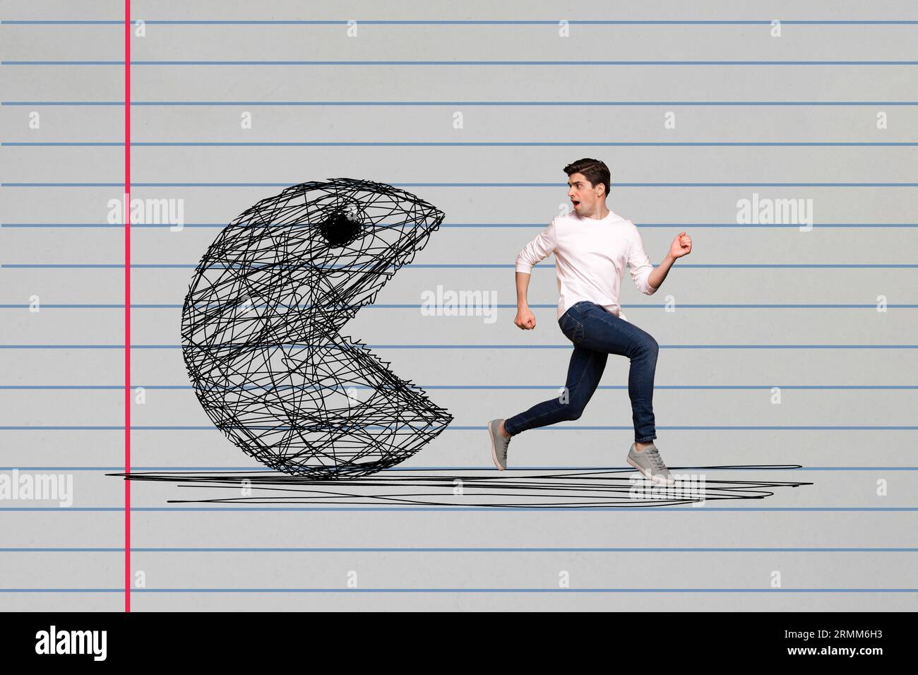 Creative collage of funky guy running away scared looking pacman ...