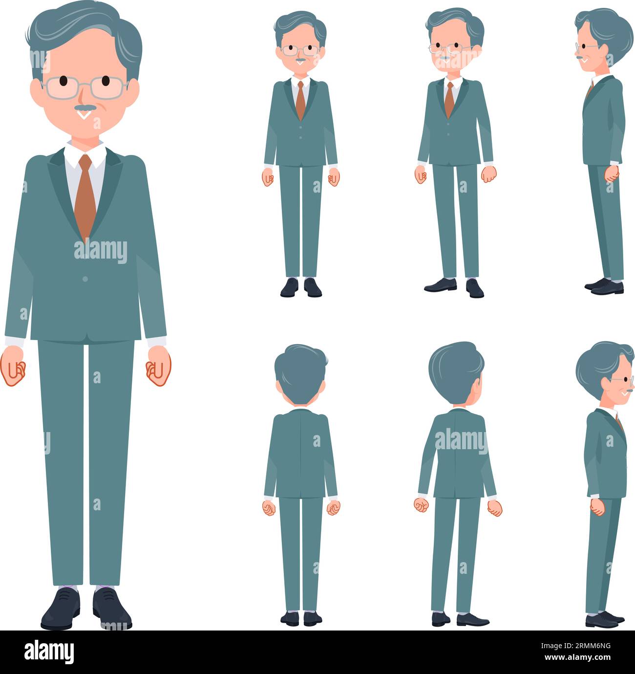 A set of business president man standing.Front, side and back angles.It ...