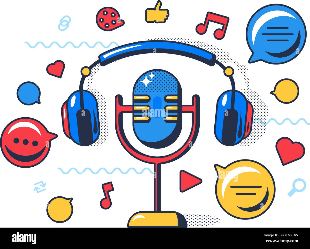 DJ radio host microphone with wireless headphones, likes, comments and ...