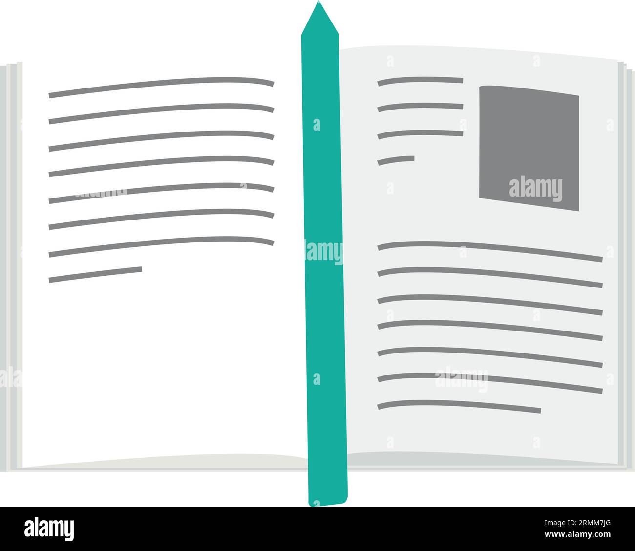 Open paper book with long bookmark, text and illustration on page ... Open paper book with long bookmark, text and illustration on page ...