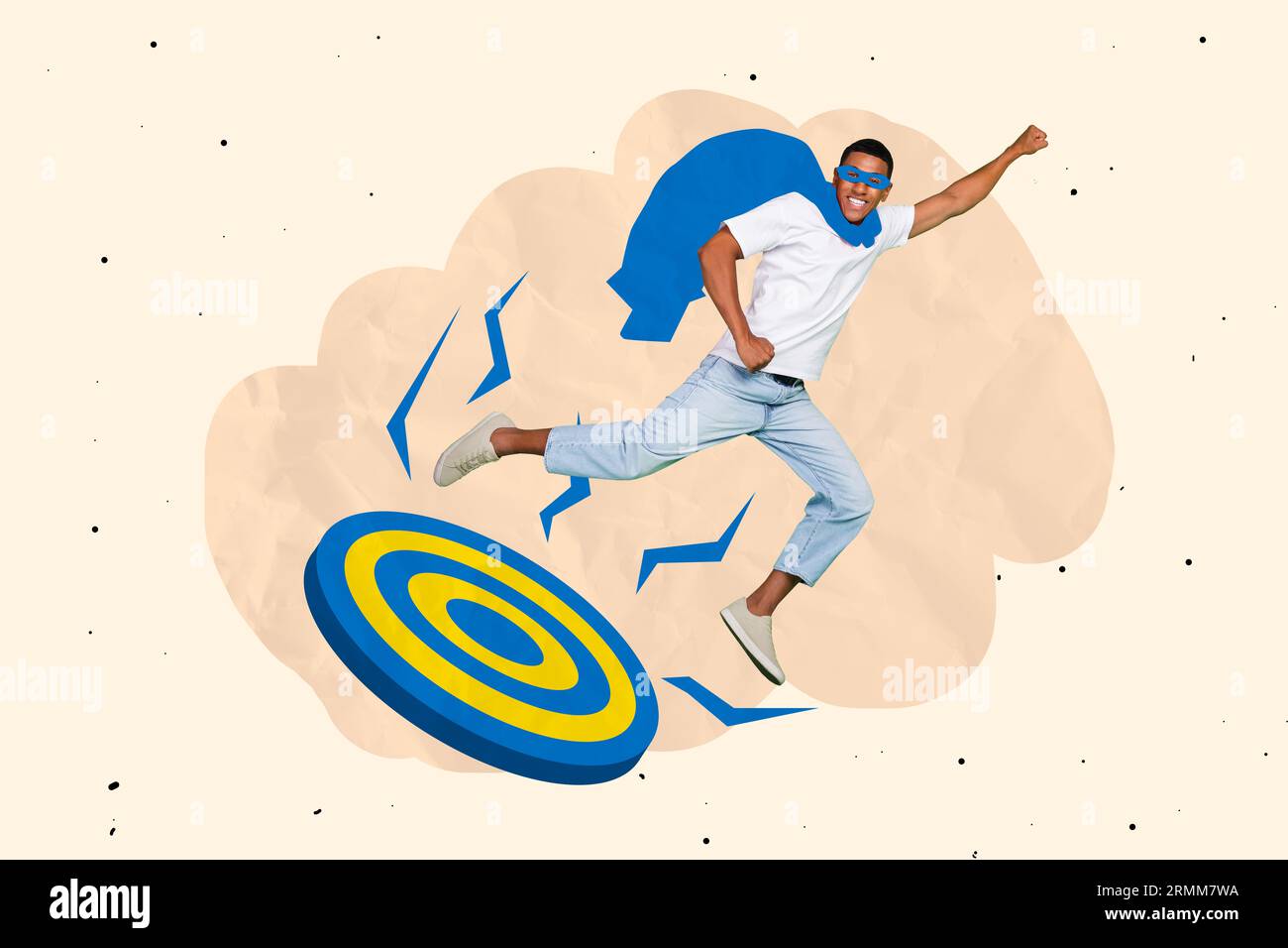 Creative composite collage of funky young flying superman hero strong ...