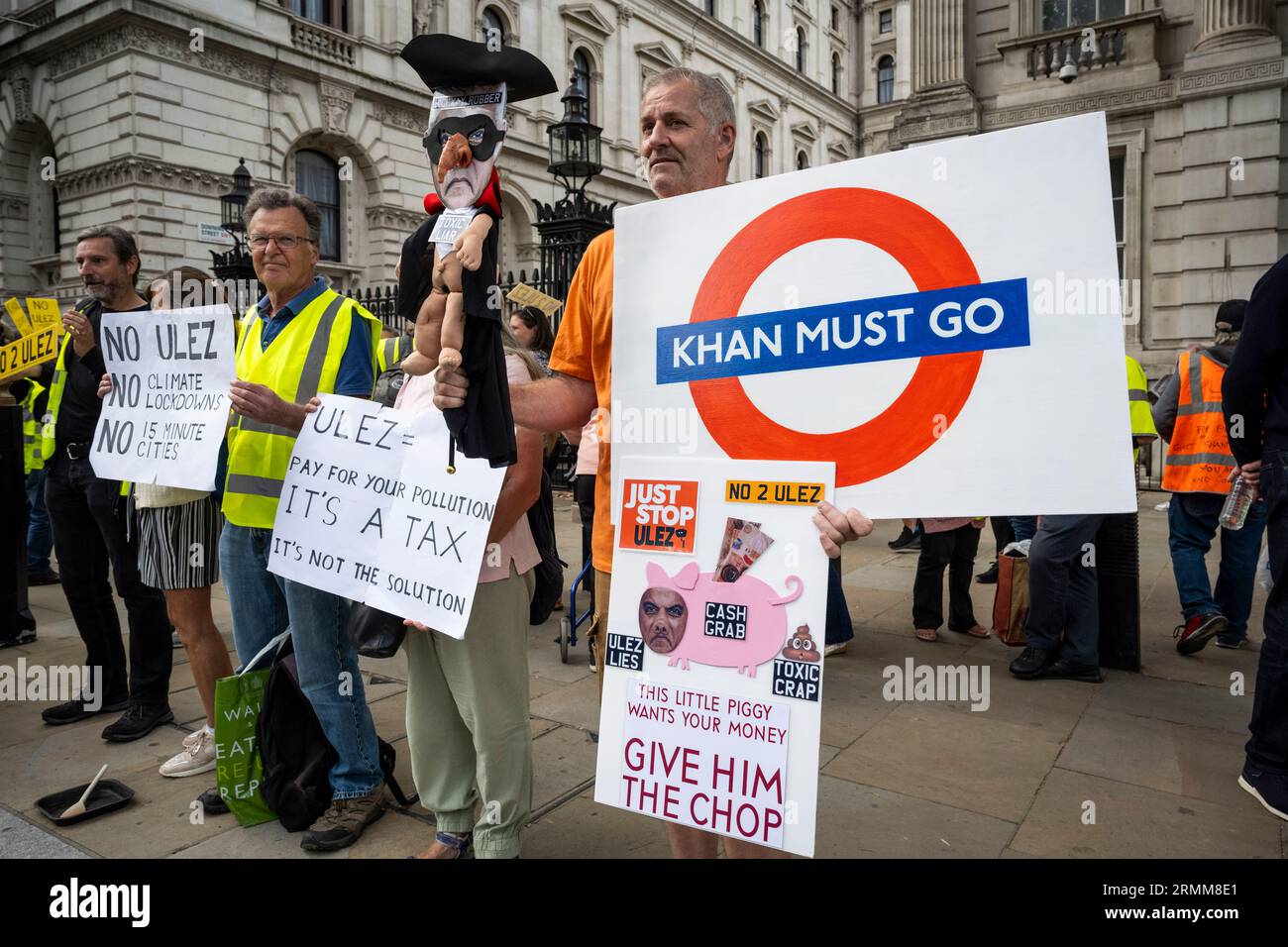 London, UK. 29 August 2023. People in Whitehall attend a Stop ULEZ ...