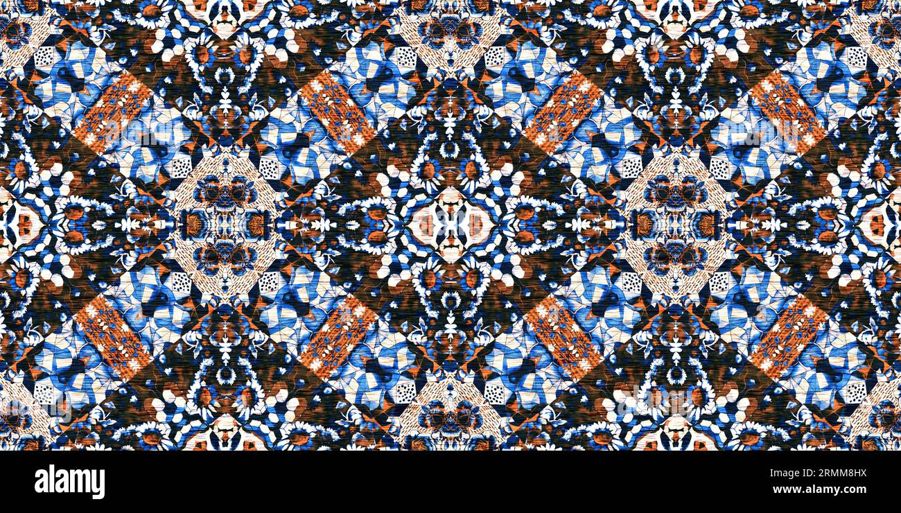 Indigo blue white vibrant watercolor batik azulejos tile border banner ...