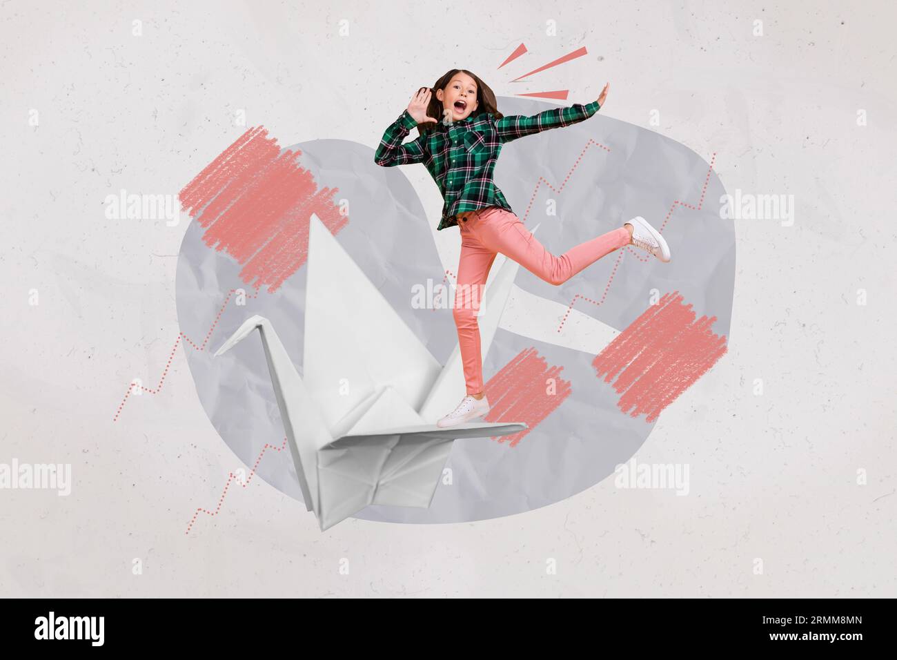 Collage picture mini young schoolgirl funky screaming flying origami ...