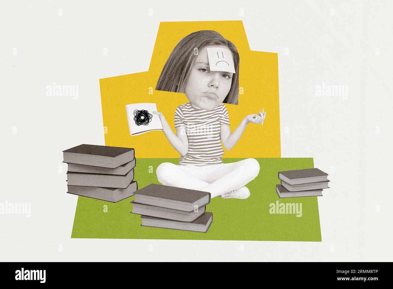 Collage of offended young teenage girl holding paper sheet drawing ...