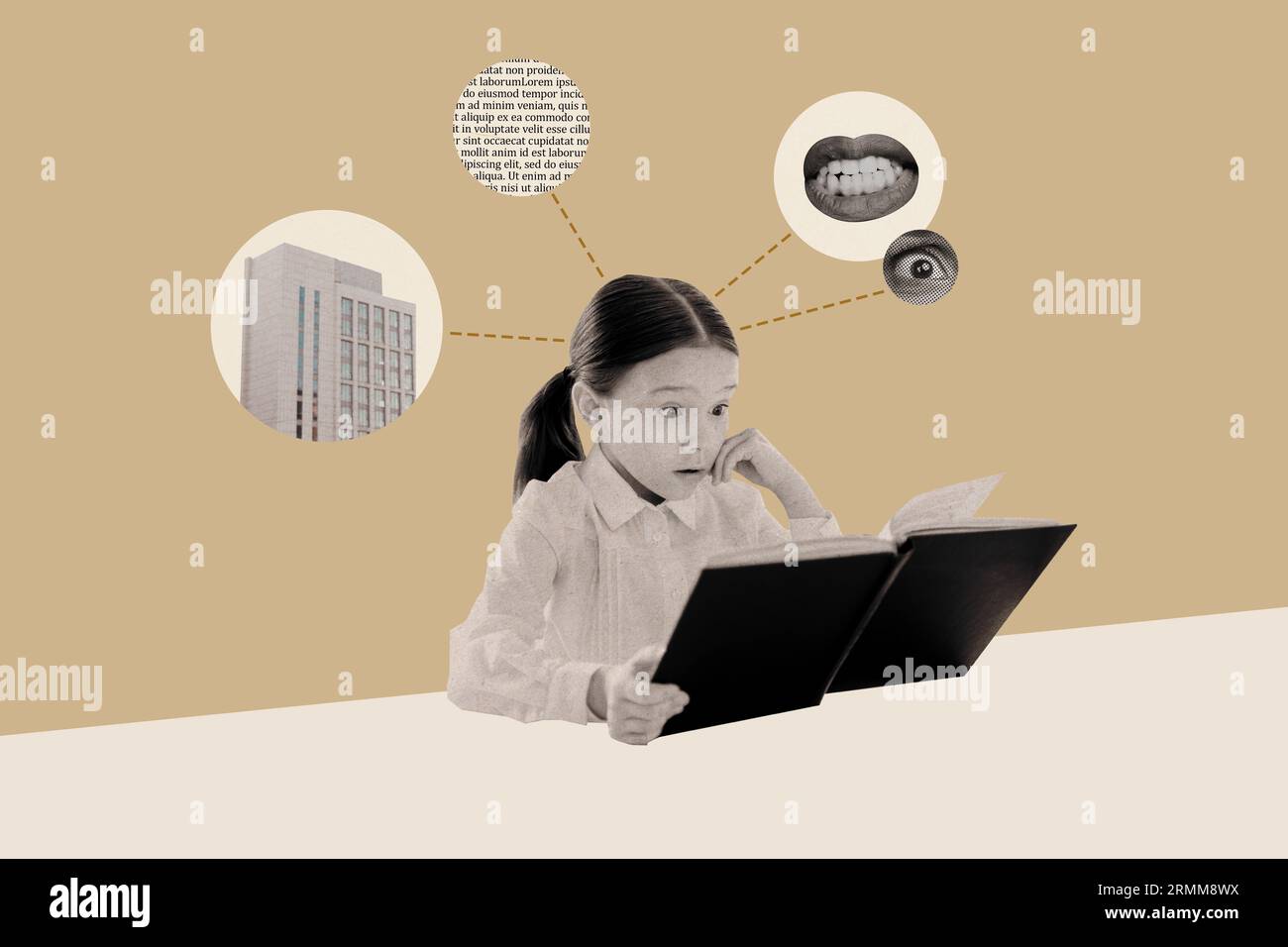 Image collage artwork poster banner of shocked cute girl read novel ...